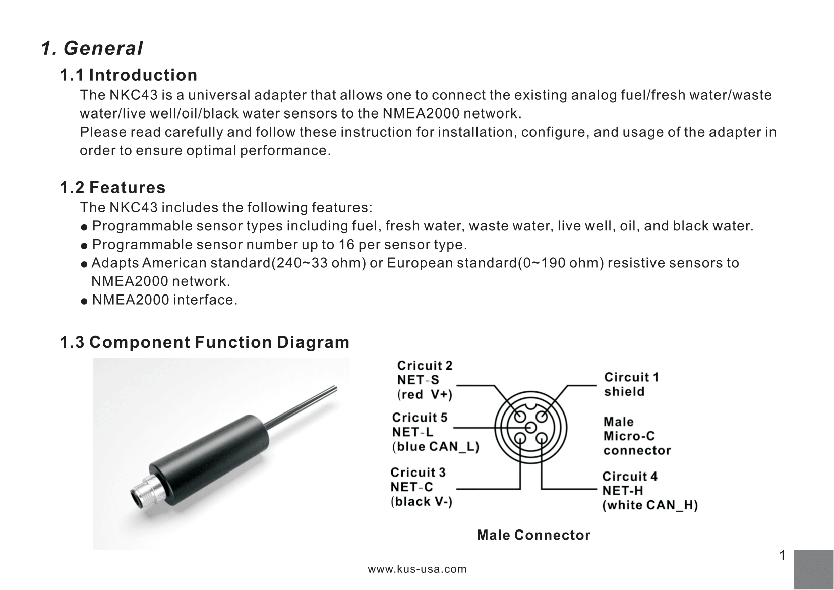 NMEA 2000 Network Converter NCK43 – 1 Channel (0-180 Ohm) (Analog to ...