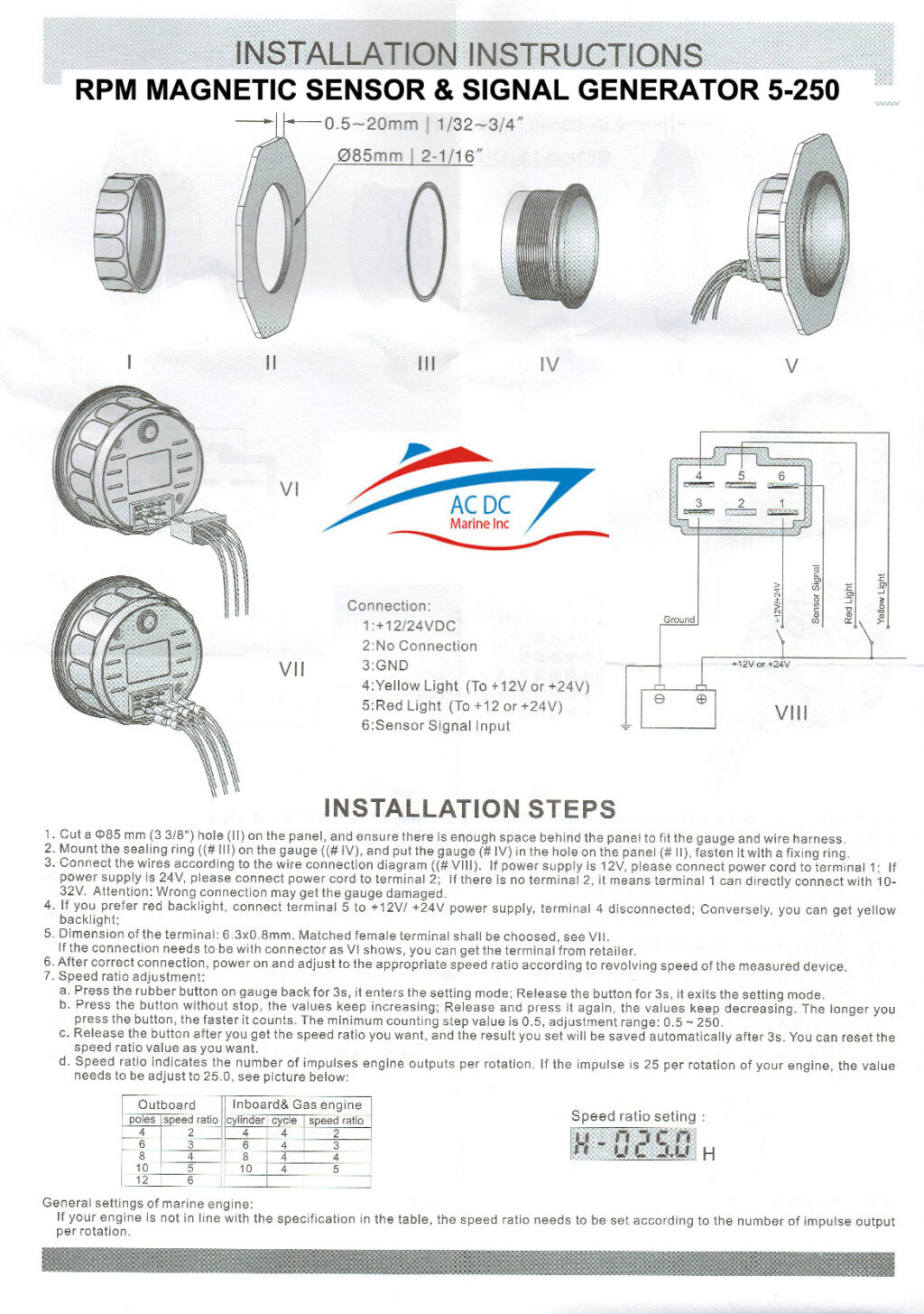 Tachometer 4K Magnetic Pick-Up (Ratio 0.5-250) Part No. YQ00202 | AC DC Marine Inc. Marine ...