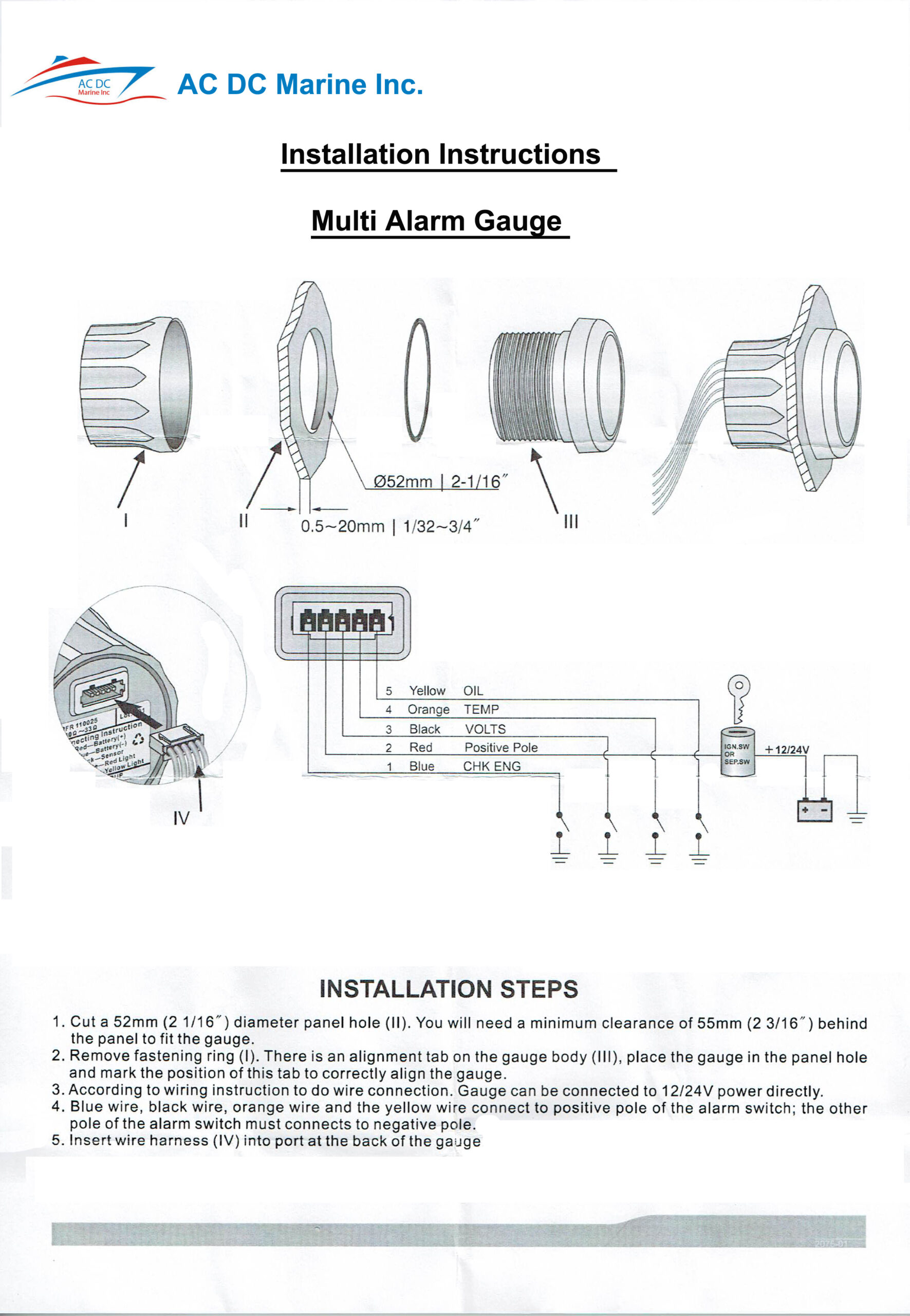4 LED Multi Alarm Gauge Part No. J-YV00384 | AC DC Marine Inc. Marine ...
